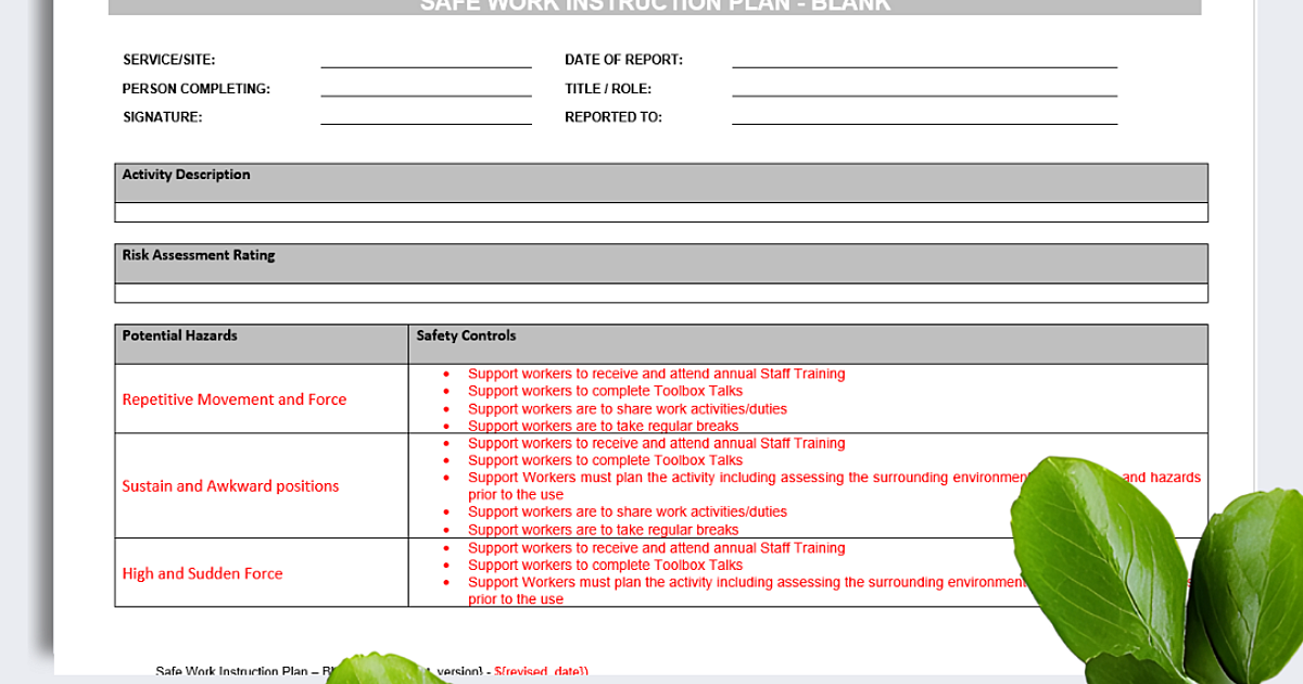 Safe-Work Instruction Plan - Blank | Disability Compliance Australia