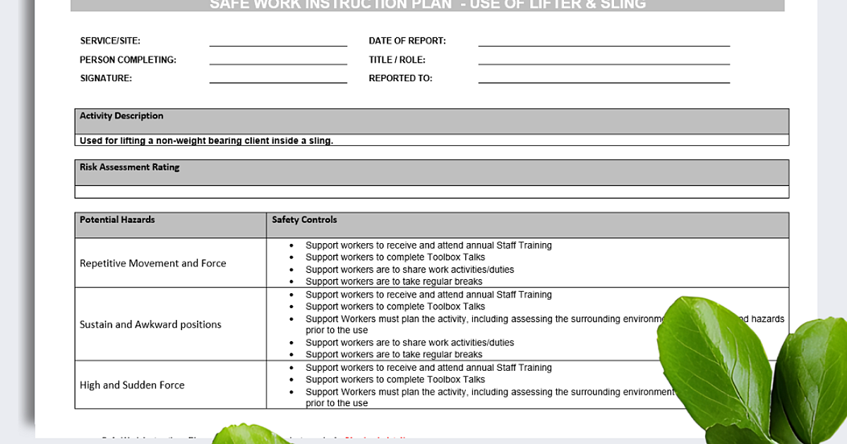 Safe-Work Instruction Plan - Lifter… | Disability Compliance Australia