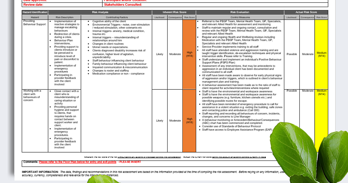 WHS Risk Assessment Plan -… | Disability Compliance Australia