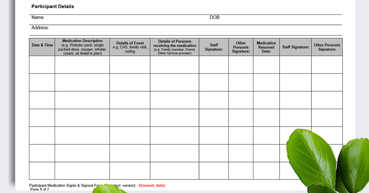 Participant Medication Sign Out or… | Disability Compliance Australia