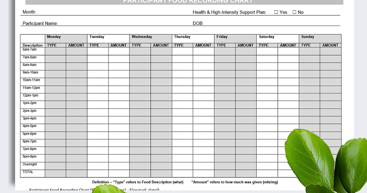 Participant Food Recording Chart… | Disability Compliance Australia