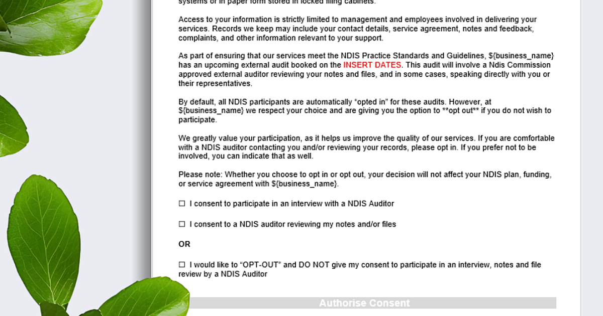 Audit Consent or Withdrawal Form | Disability Compliance Australia