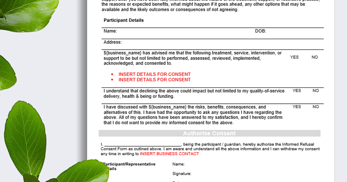Informed Refusal of Consent Form | Disability Compliance Australia