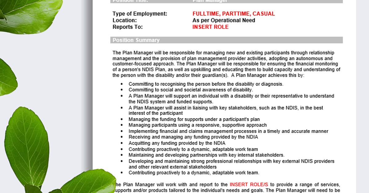 Position Description - Plan Manager | Disability Compliance Australia