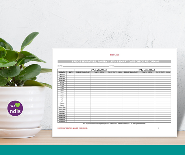Fridge Temp, Pantry Clean & Expiry Date Check Recording Chart Form